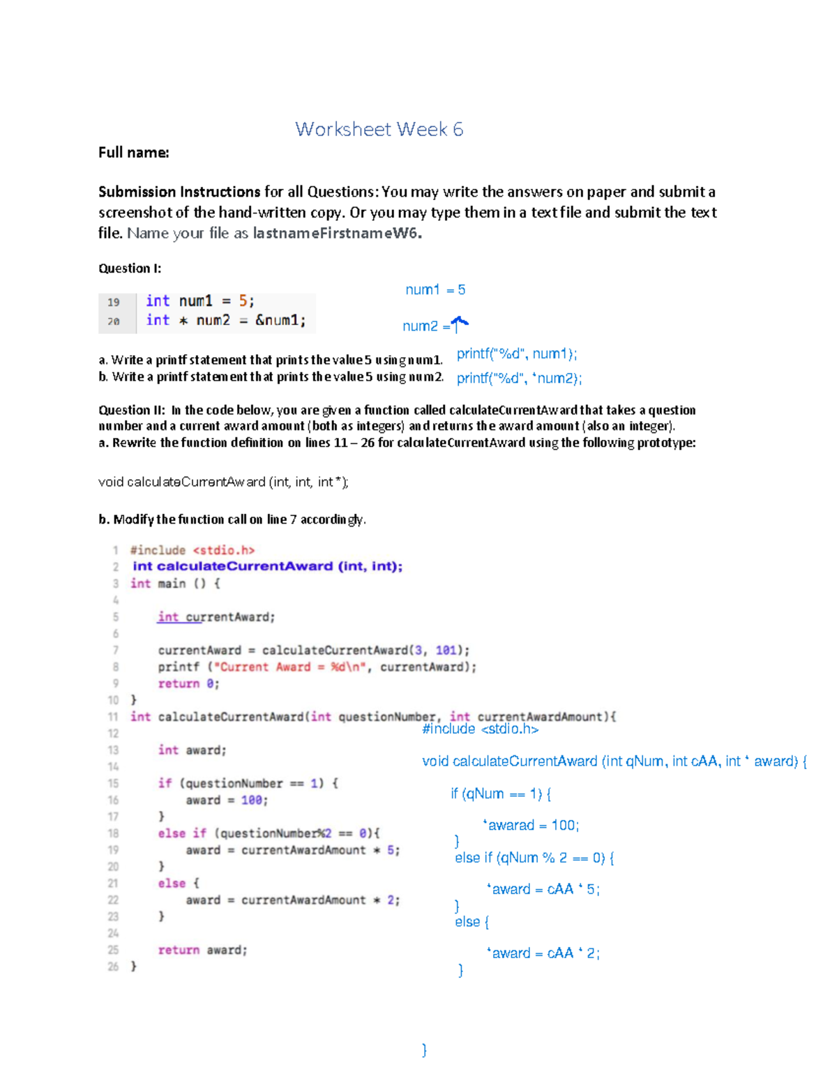 WW6 - worksheet - Worksheet Week 6 Full name: Submission Instructions ...