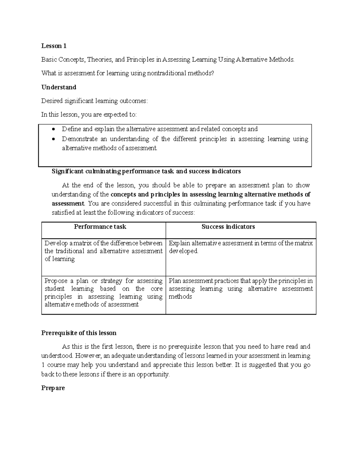 BEED 3A - Lesson 1: Understanding Alternative Assessment Methods - Studocu