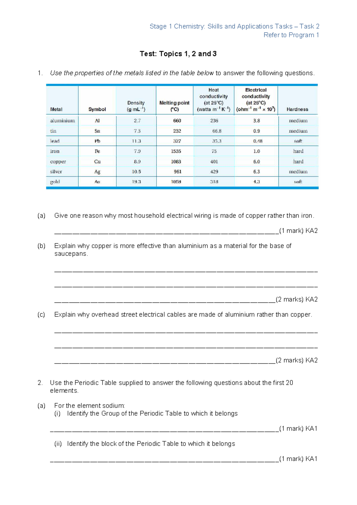 Stage 1 Chemistry: Skills and Applications Test on Topics 1, 2, and 3 ...
