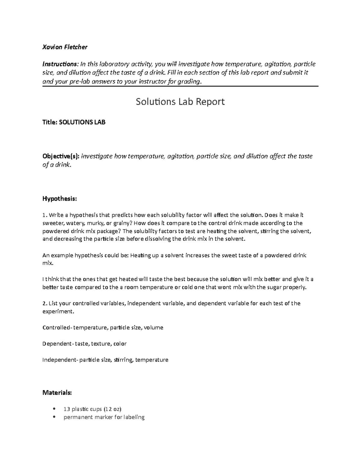Solutions Lab Report - Laboratory Activity - Xavion Fletcher ...