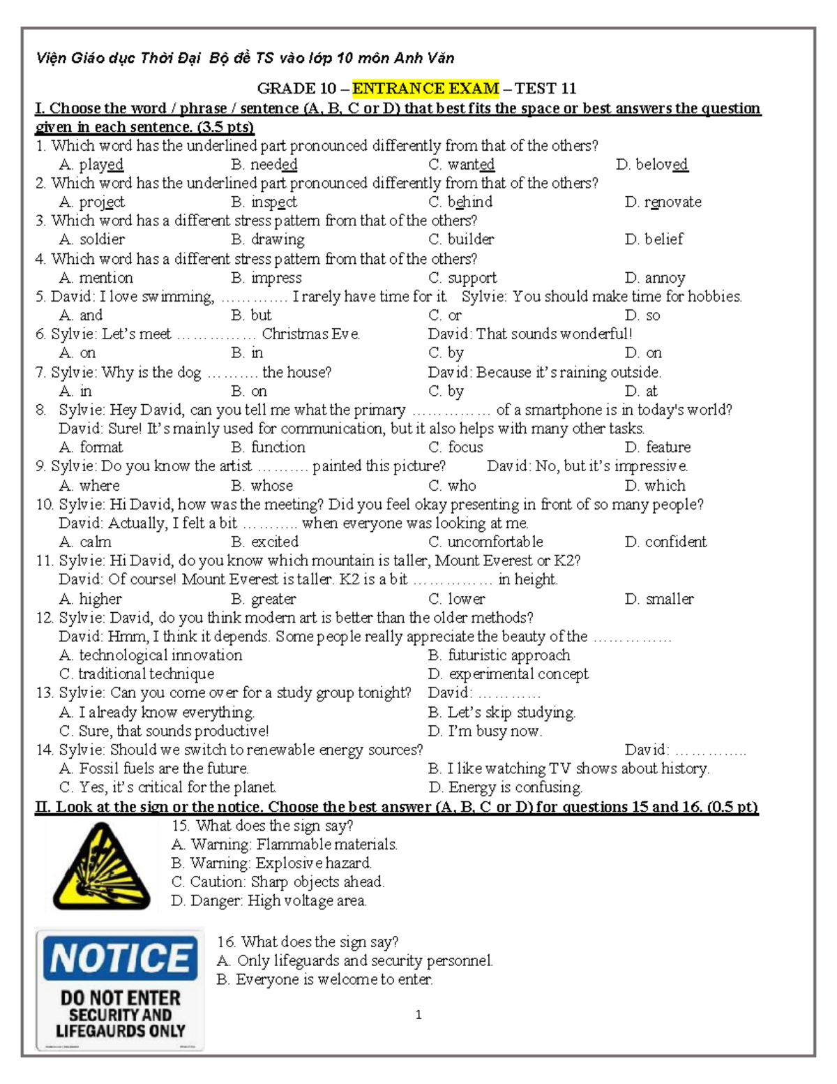 GRADE 10 ENTRANCE EXAM TEST 11-20: Comprehensive English Practice - Studocu