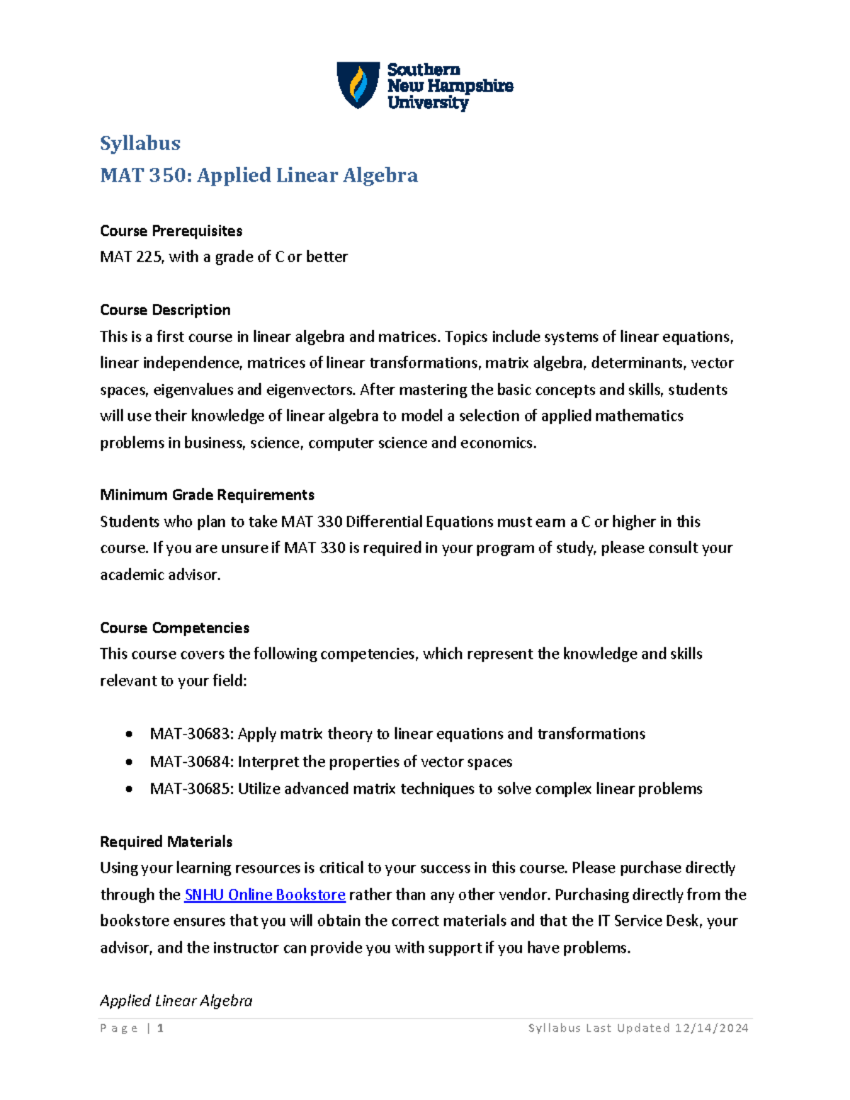 Syllabus for MAT 350: Applied Linear Algebra at SNHU - Studocu