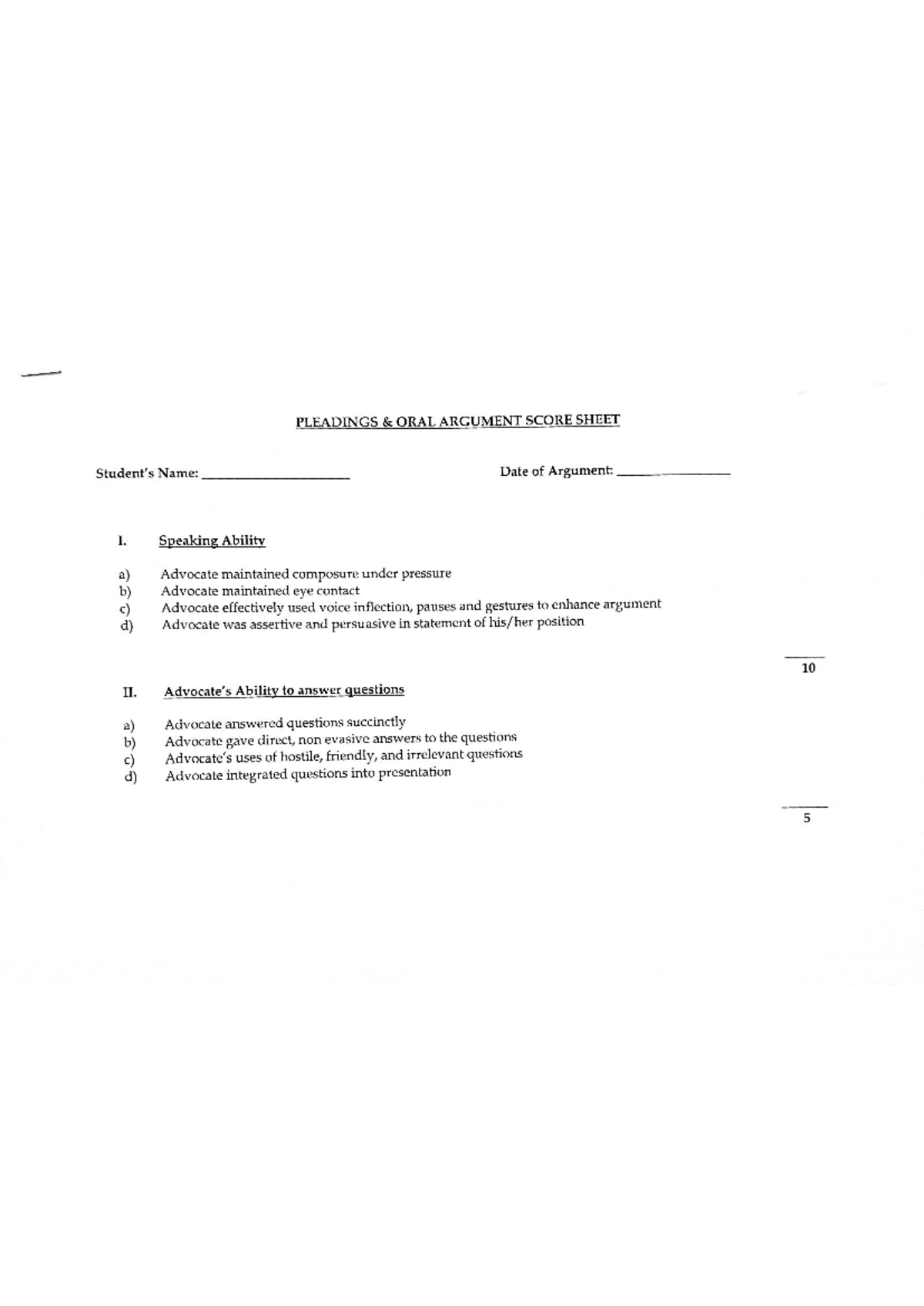 Moot Court PLEADINGS Oral Argument Score Sheet Criteria - Studocu