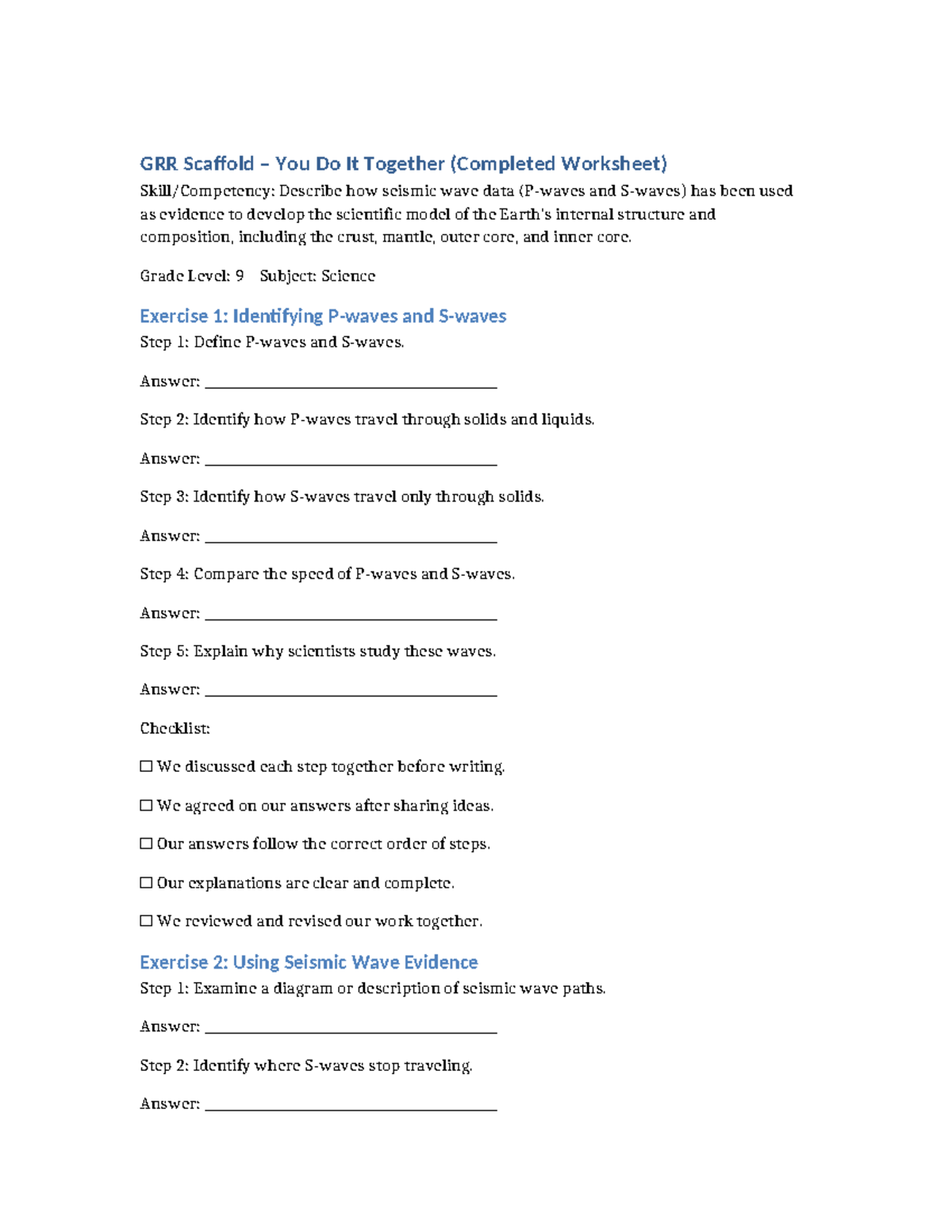 Completed GRR Worksheet: Seismic Waves & Earth's Structure (Grade 9 ...