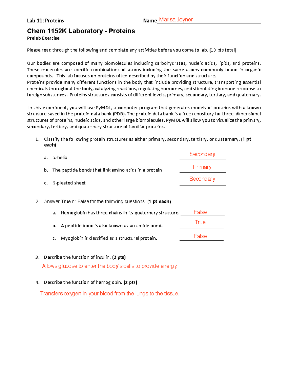 Prelab Lab 11 proteins - Lab 11: Proteins Name_____________________________________ Chem 1152K ...