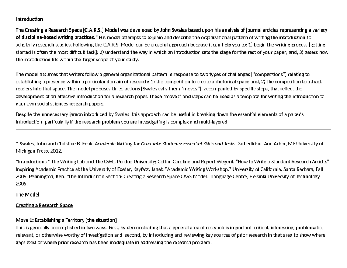 C.A.R.S Model by Swales - Effective Strategies for Writing ...