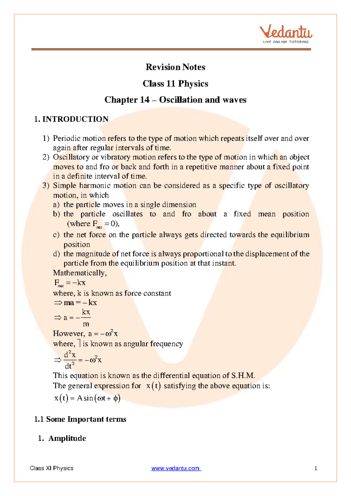 Class 11 Physics Revision Notes: Oscillations & Waves Derivations - Studocu