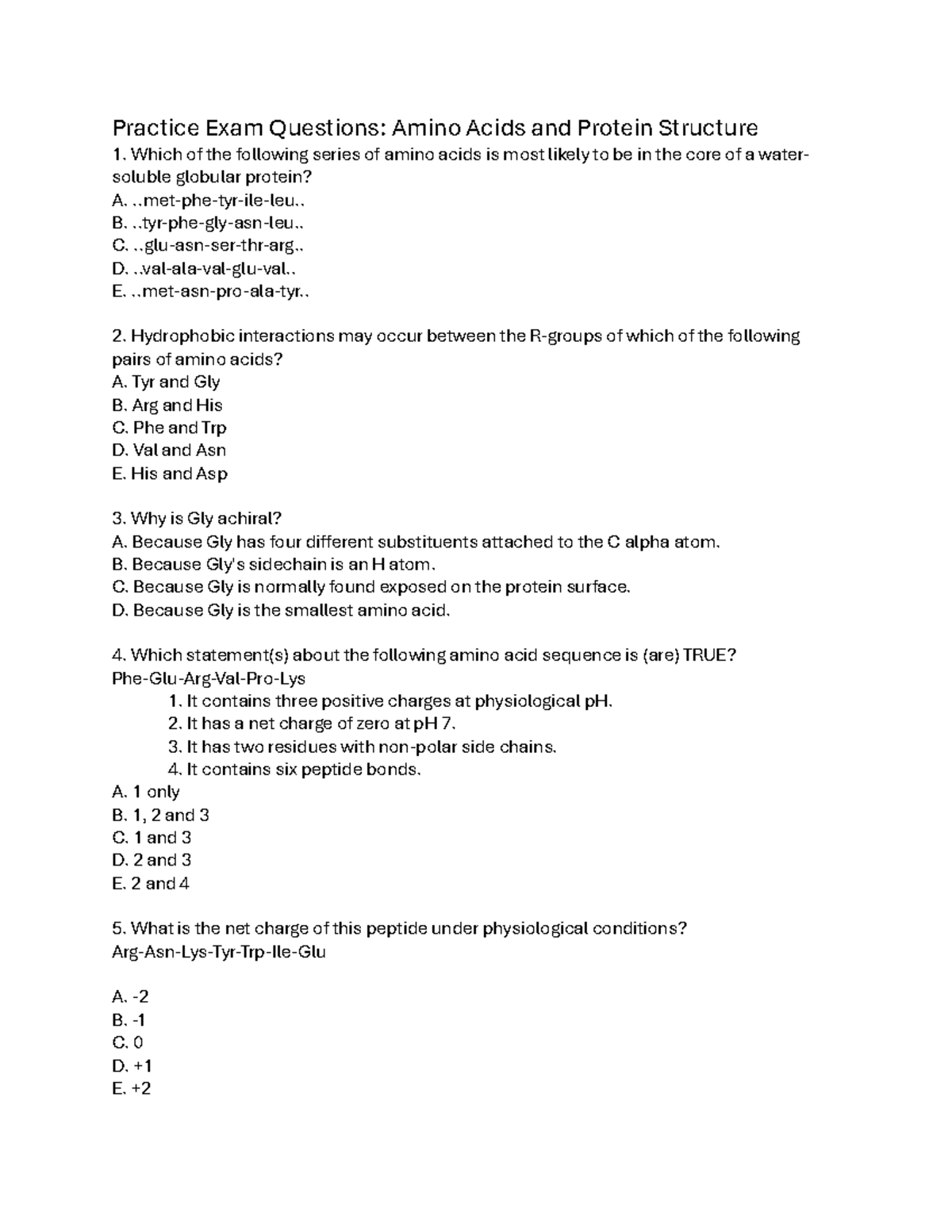 Practice Exam: Amino Acids & Protein Structure (Course Code: AA) - Studocu