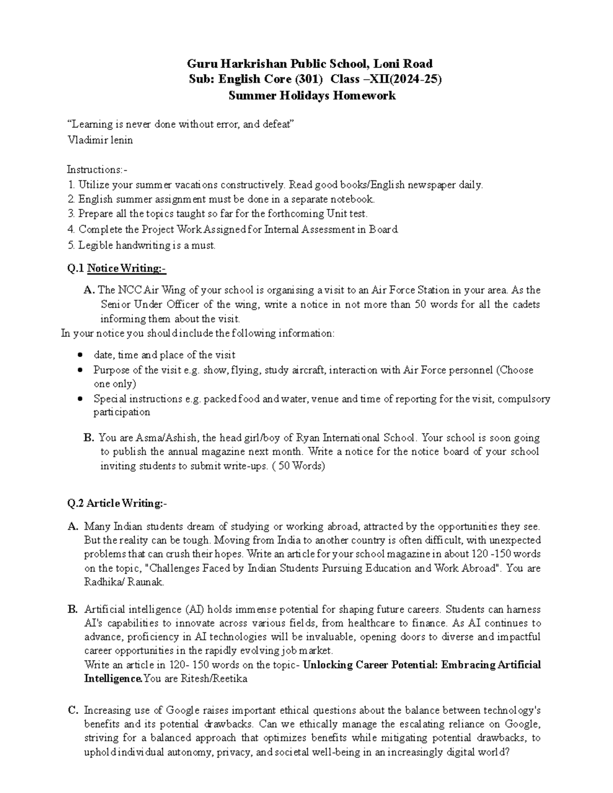 English Core (301) Class XII: Summer Holiday Homework 2024-25 - Studocu
