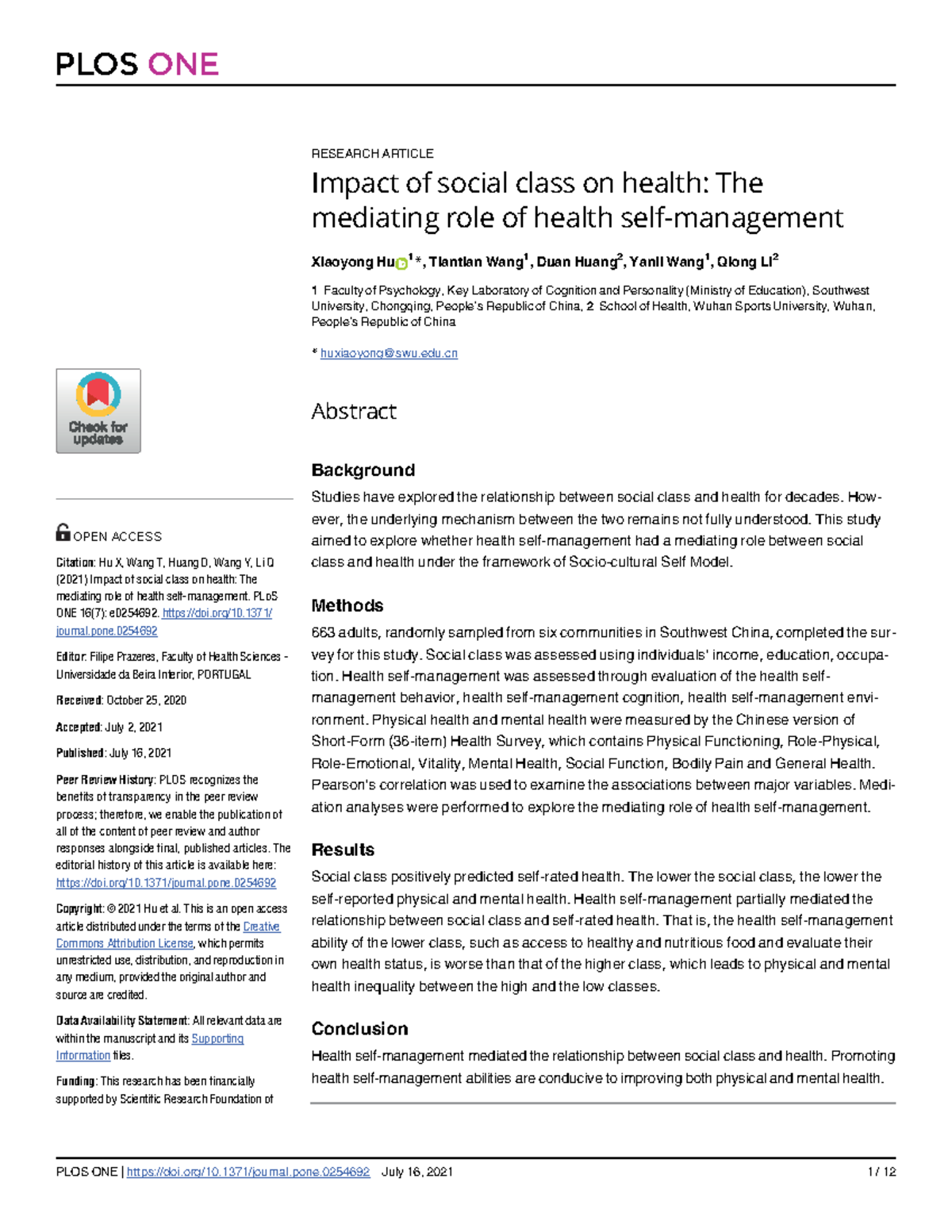 Impact of Social Class on Health: Mediating Role of Self-Management ...