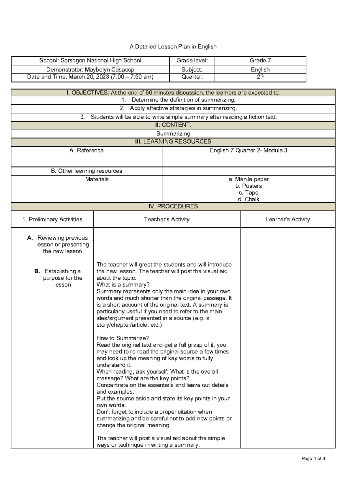 Summarizing Lesson plan - A Detailed Lesson Plan in English School ...