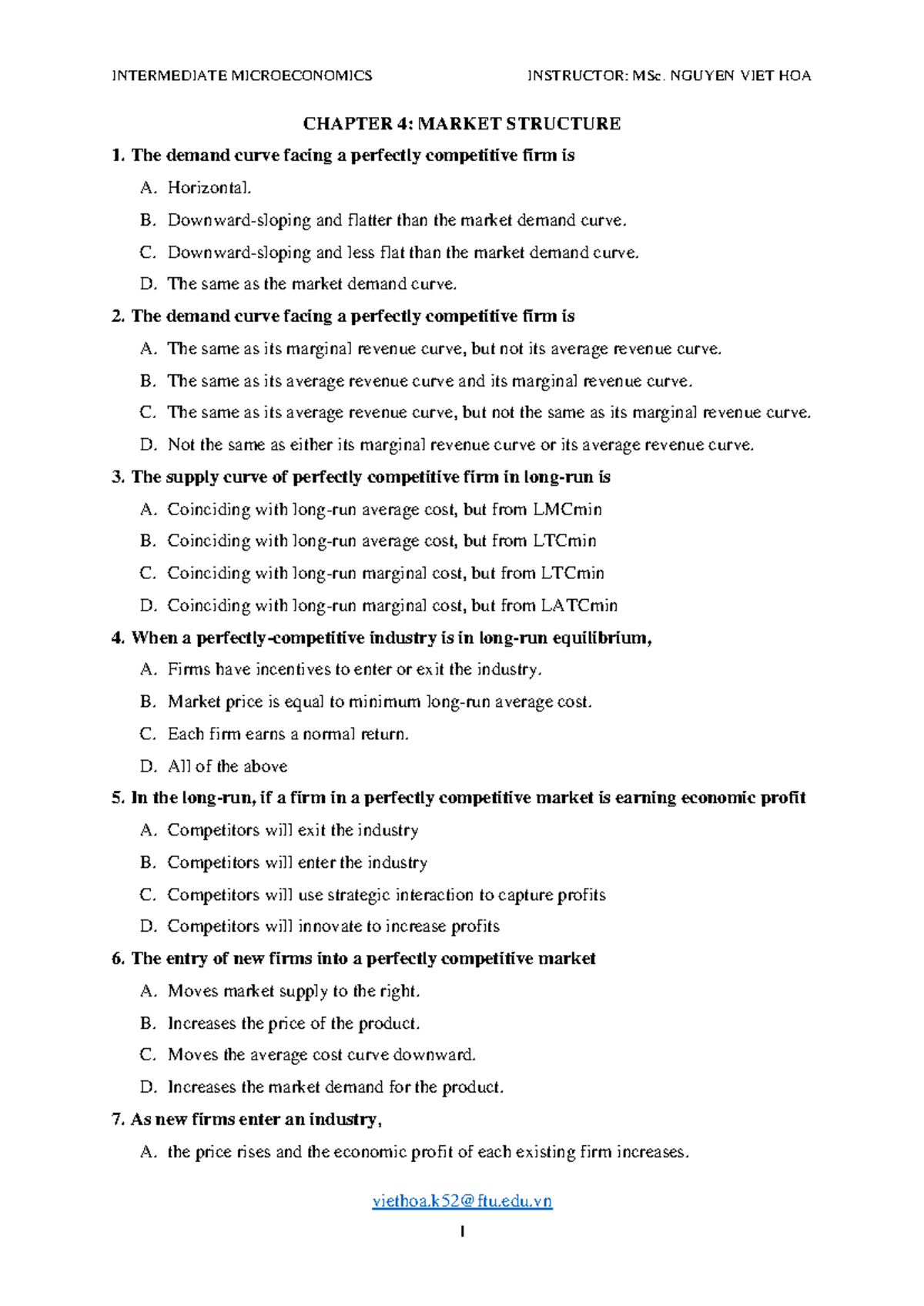 MCQs for Chapter 4: Market Structure - KTVM2 - Studocu