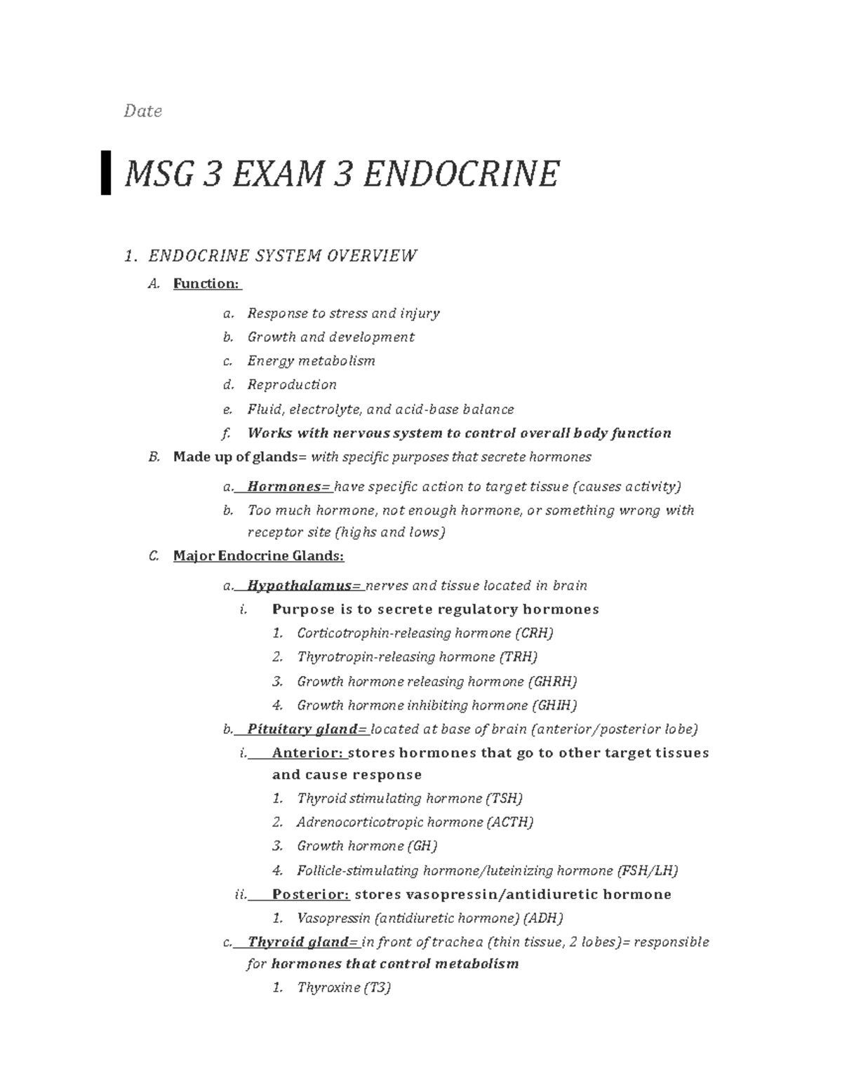 MSG 3 Exam 3: Thyroid and Endocrine System Overview - Studocu