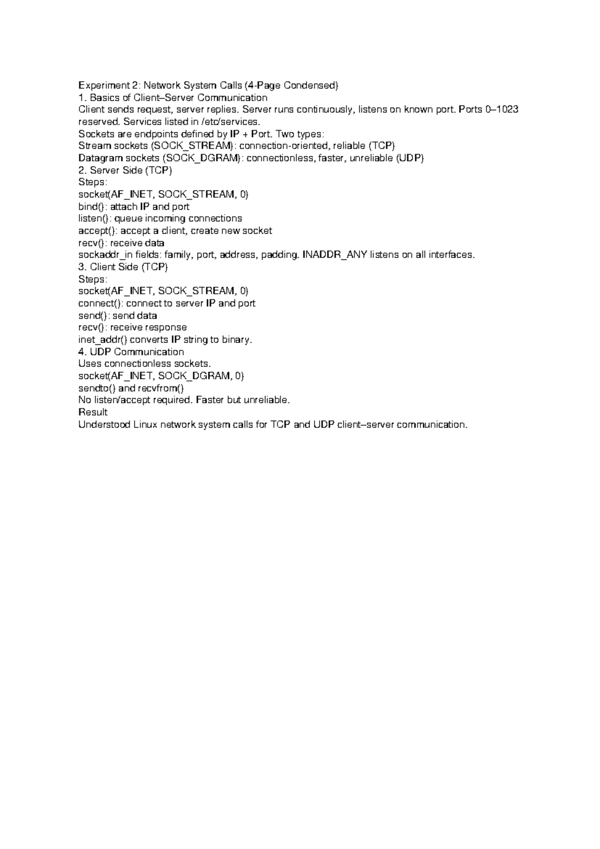 Exp2: Network System Calls for TCP/UDP Communication - CN Lab - Studocu