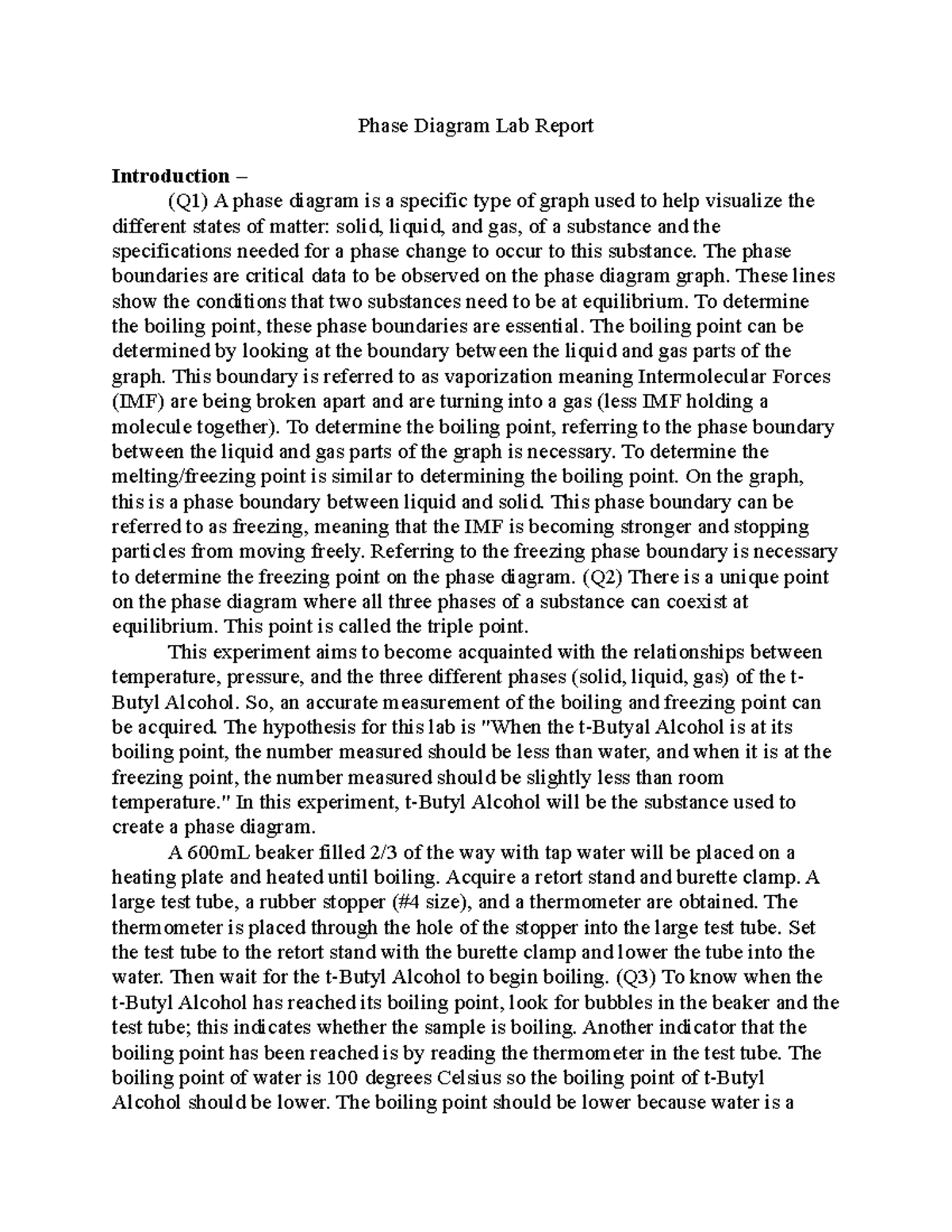 Phase Diagram Lab Report for t-Butyl Alcohol - Experimental Analysis ...