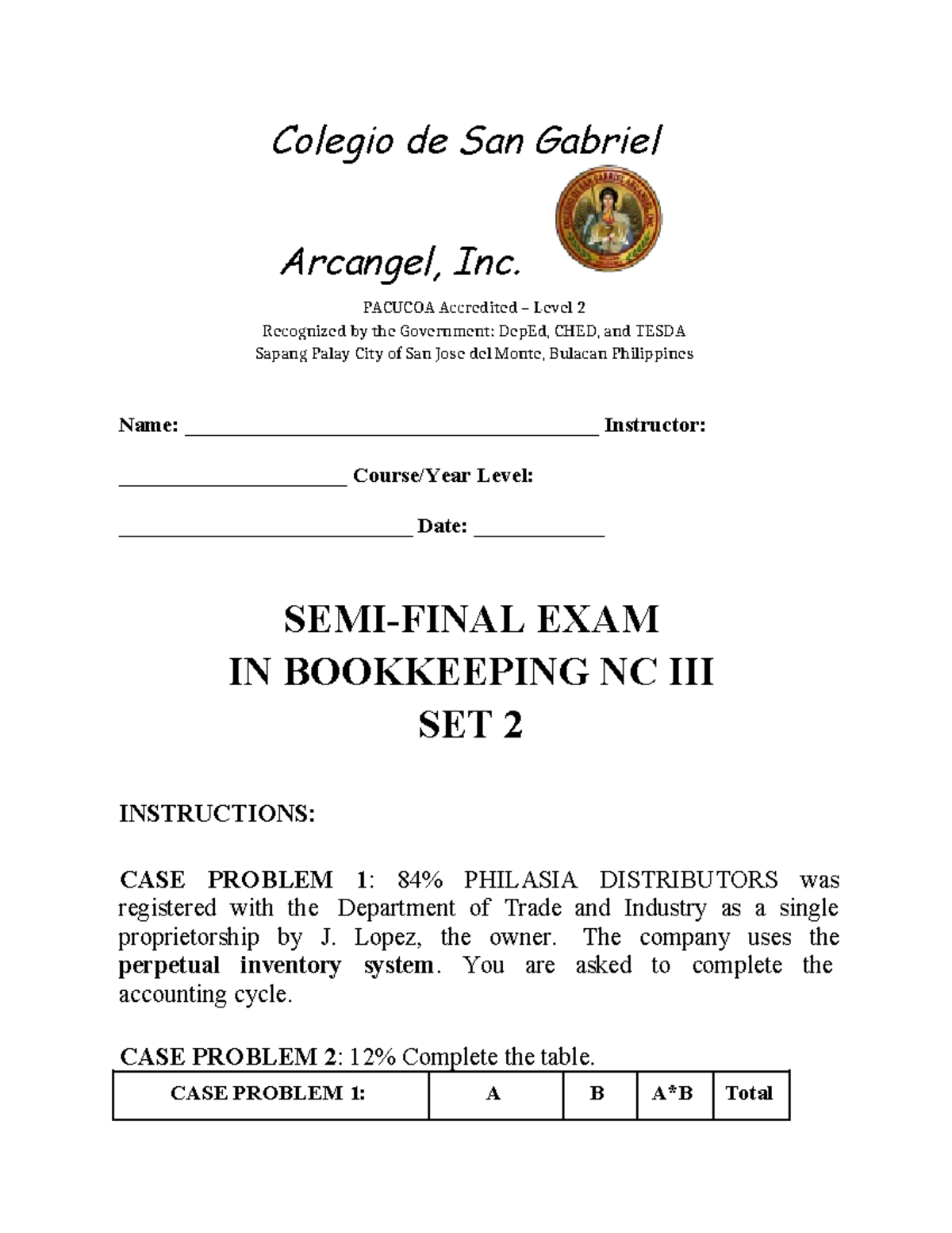Bookkeeping NC III Semi-Final Exam Reviewer - Set 2 - Studocu