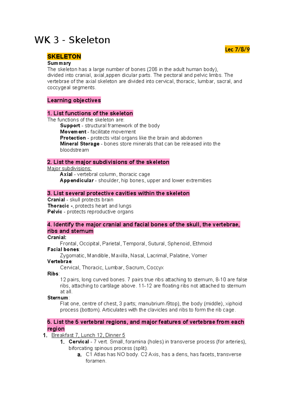 WK 3 - Skeletal Notes - Human bio 1 bits - WK 3 - Skeleton Lec 7/8 ...