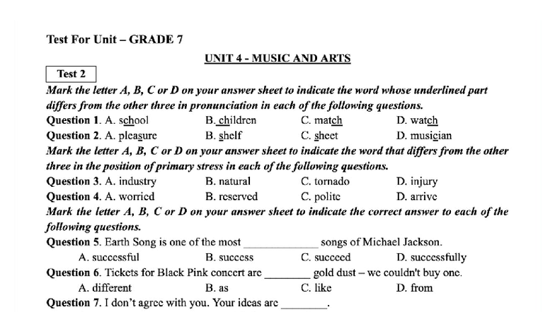 GRADE 7 UNIT 4 - TEST 2: MUSIC AND ARTS Evaluation - Studocu