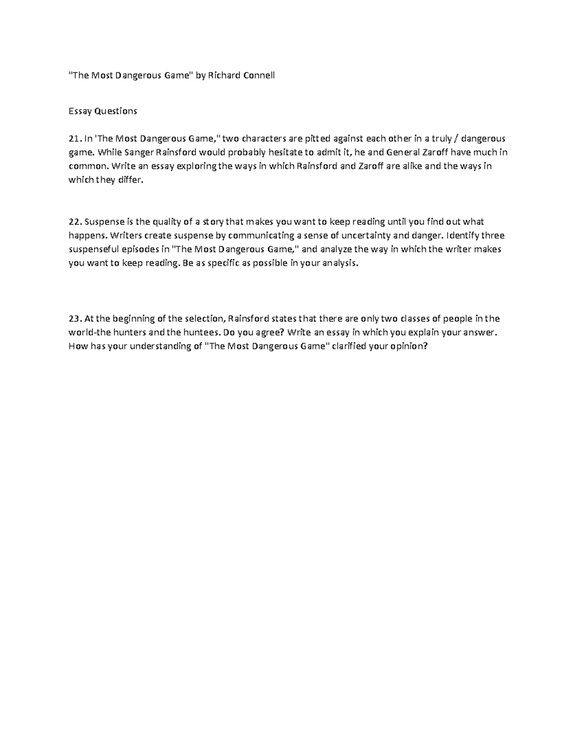 "The Most Dangerous Game" Essay Questions & Analysis Guide - Studocu