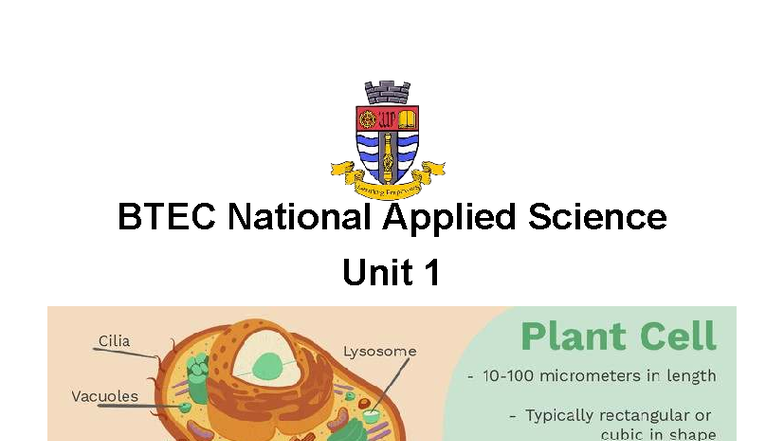 BTEC National Applied Science Unit 1 B1 Cell Structure & Function ...