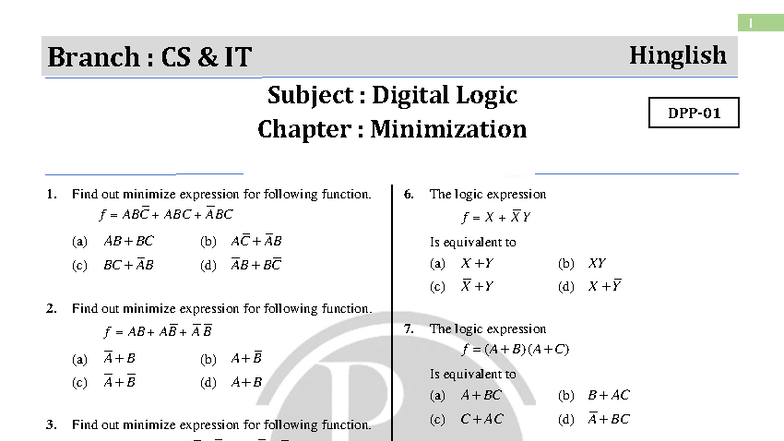 Minimization DPP 01: Boolean Algebra in Digital Logic (CS IT) - Studocu