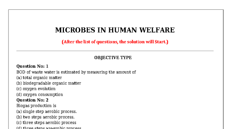 MICROBES IN HUMAN WELFARE: Objective Type Questions & Solutions (BIO101 ...