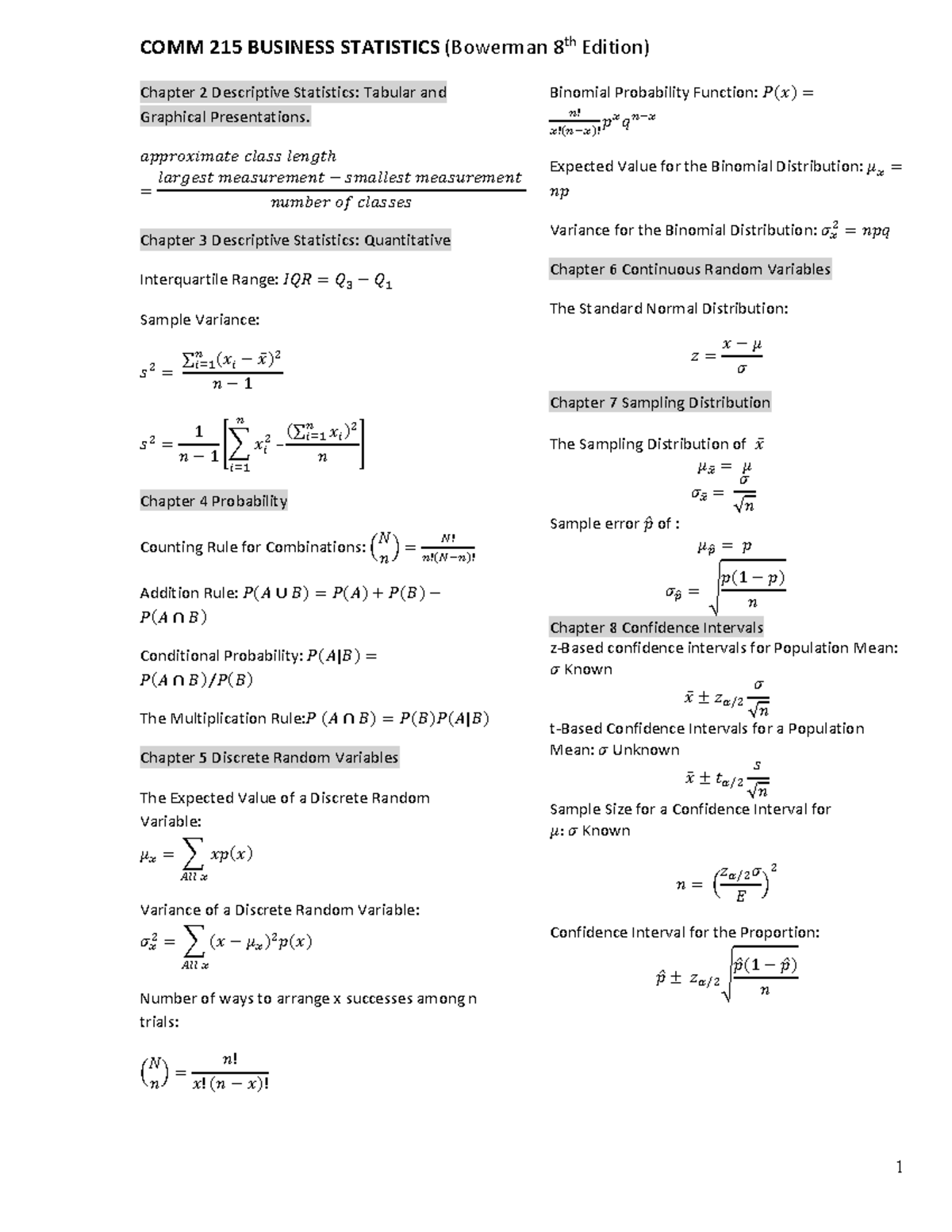 COMM 215 Business Statistics: Chapter 2-8 Formula Sheet (Bowerman 8e) - Studocu