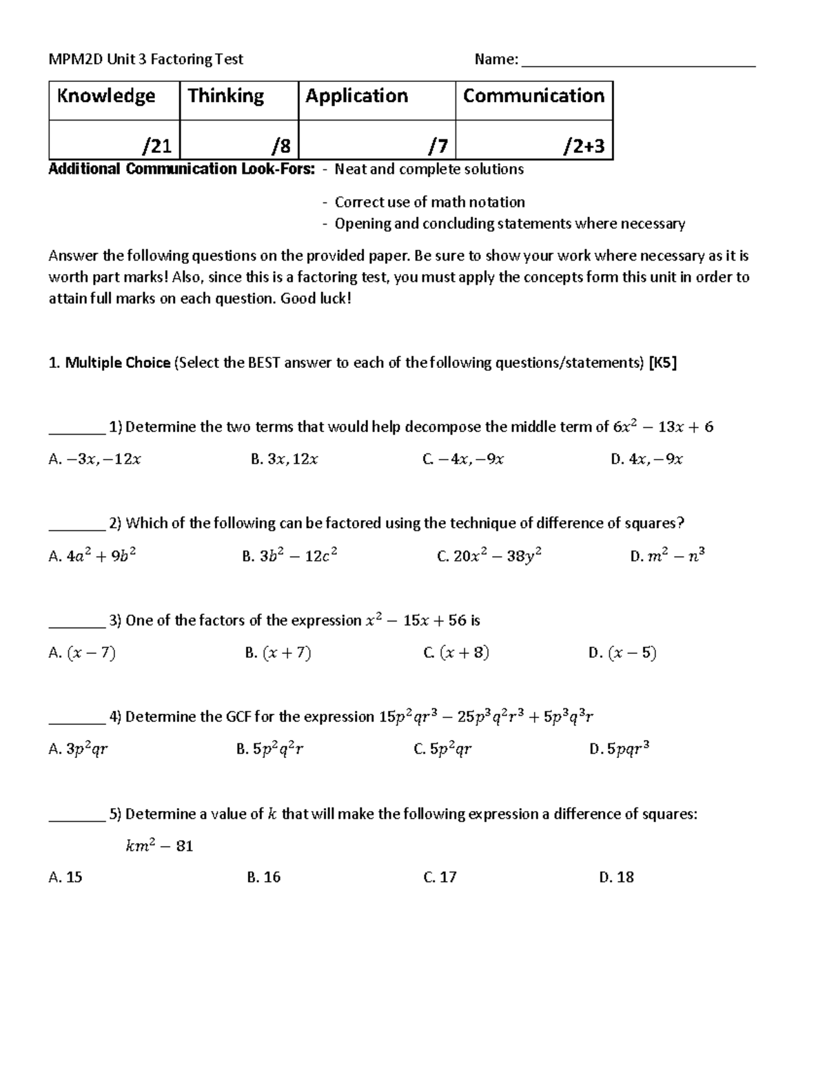 MPM2D Unit 3 Factoring Test: Quadratic Expressions & Solutions - Studocu