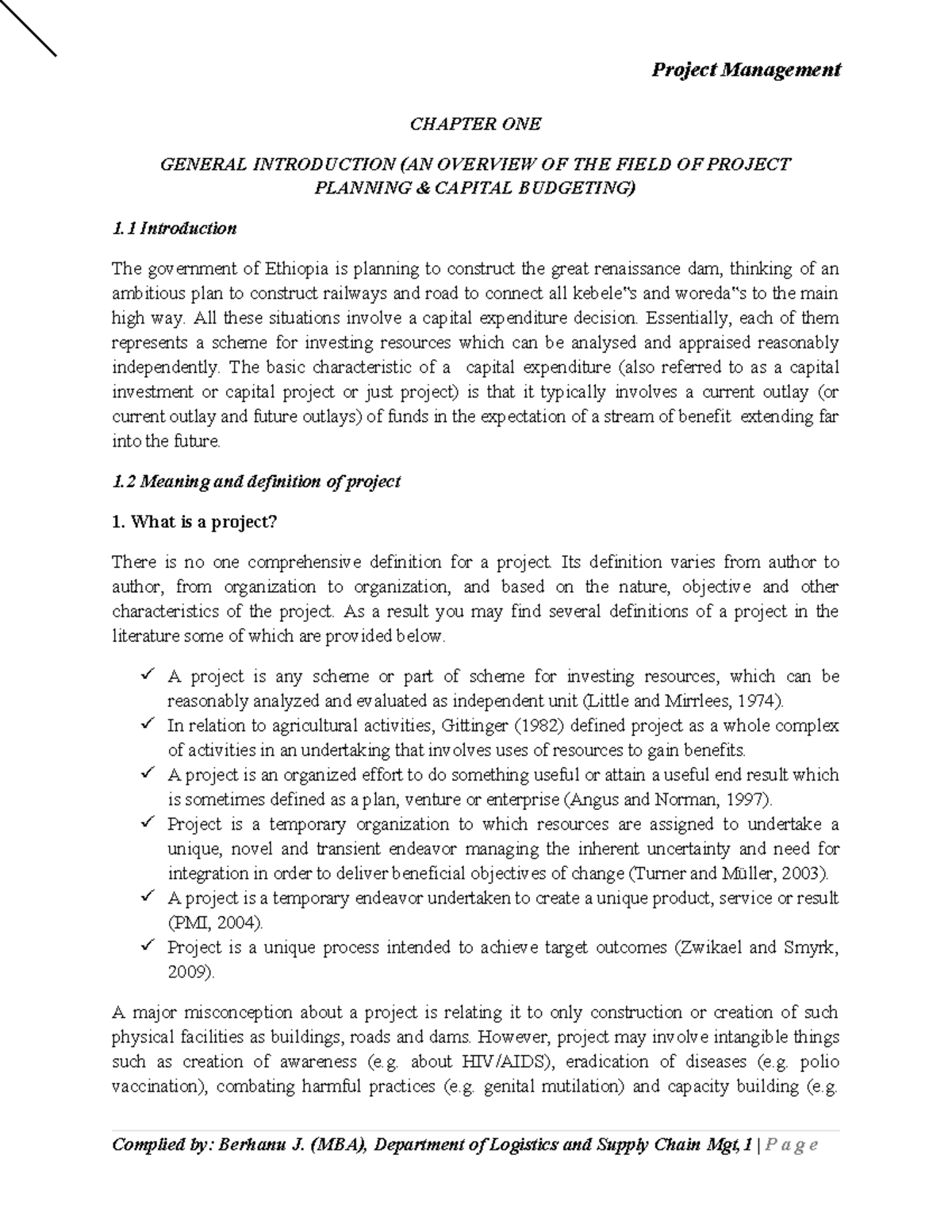 Project management - CHAPTER ONE GENERAL INTRODUCTION (AN OVERVIEW OF ...