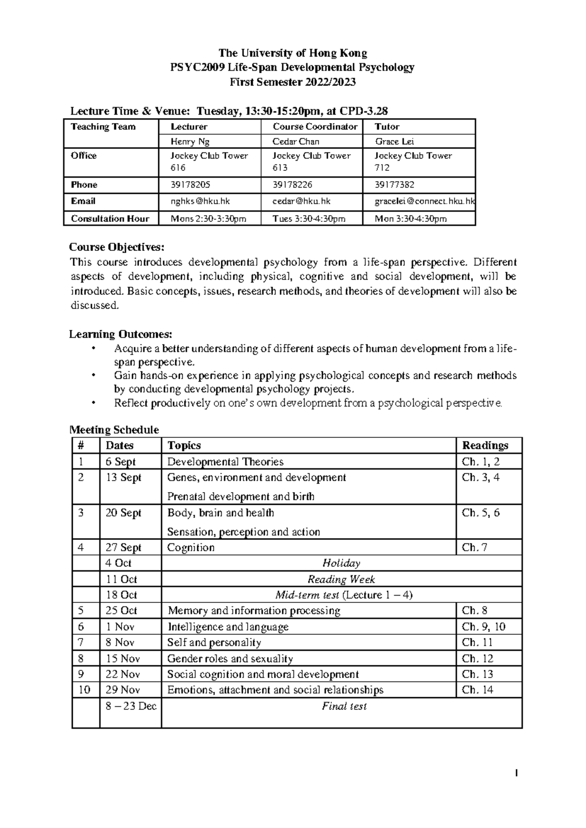 PSYC2009 Course Outline: Life-Span Development Resources and Schedule ...