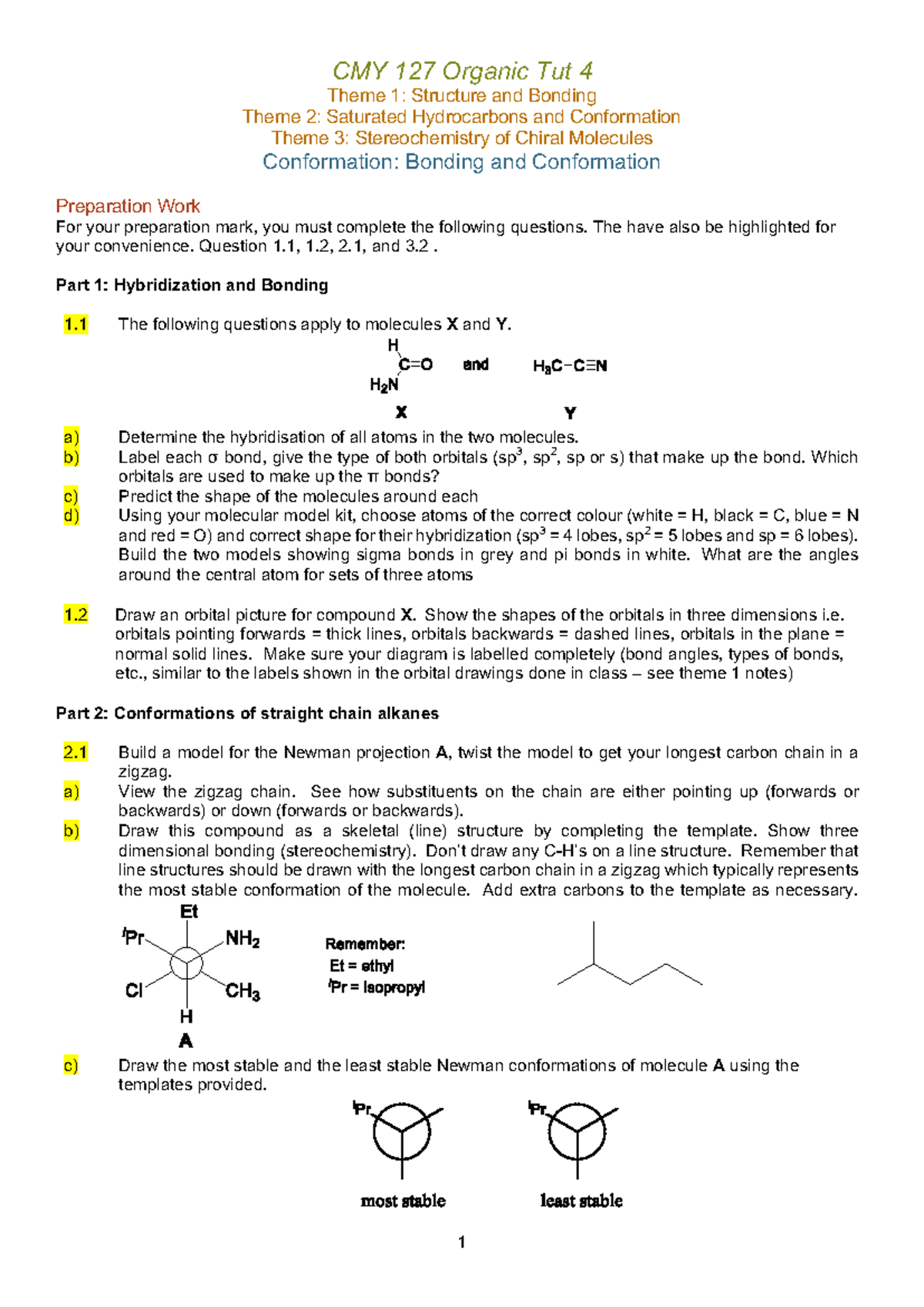CMY 127 Tut 4: Bonding and Conformations Guide 2024 - Studocu