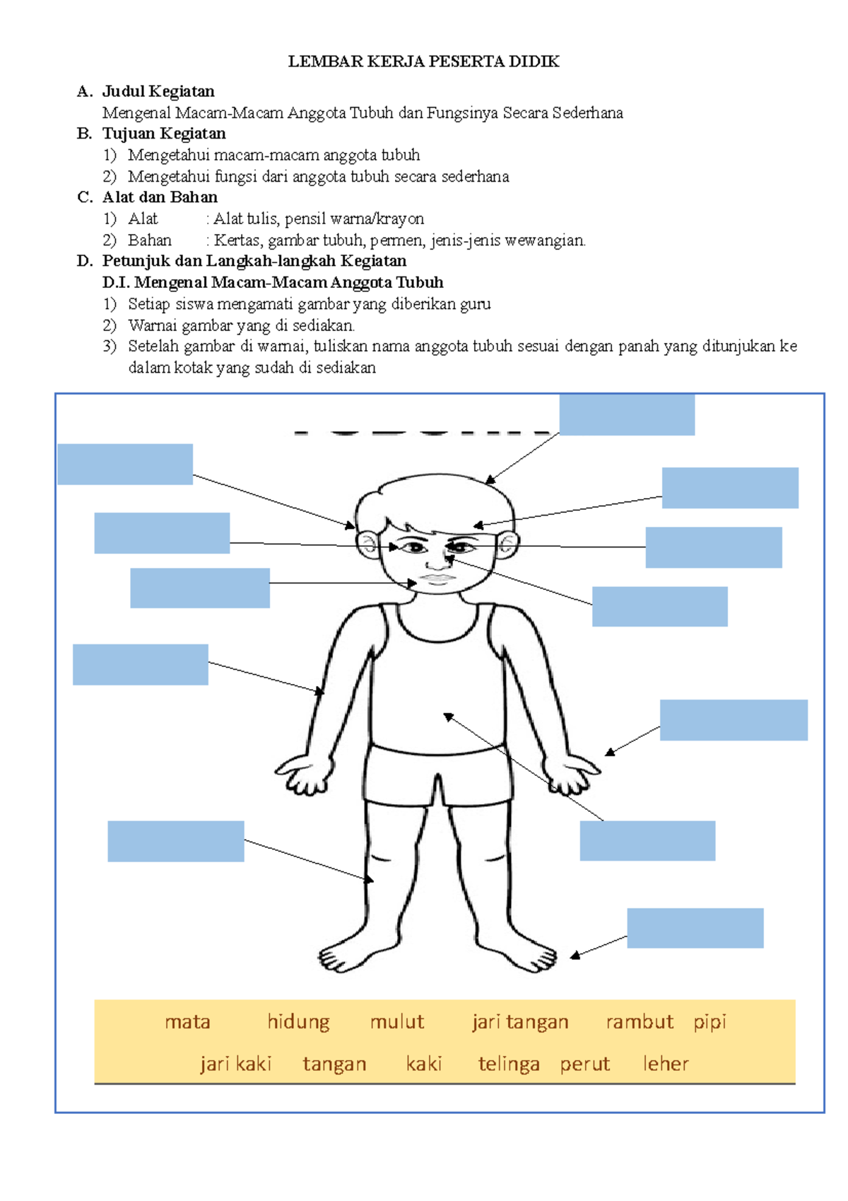LKPD Mengenal Anggota Tubuh dan Fungsinya secara Sederhana - Studocu