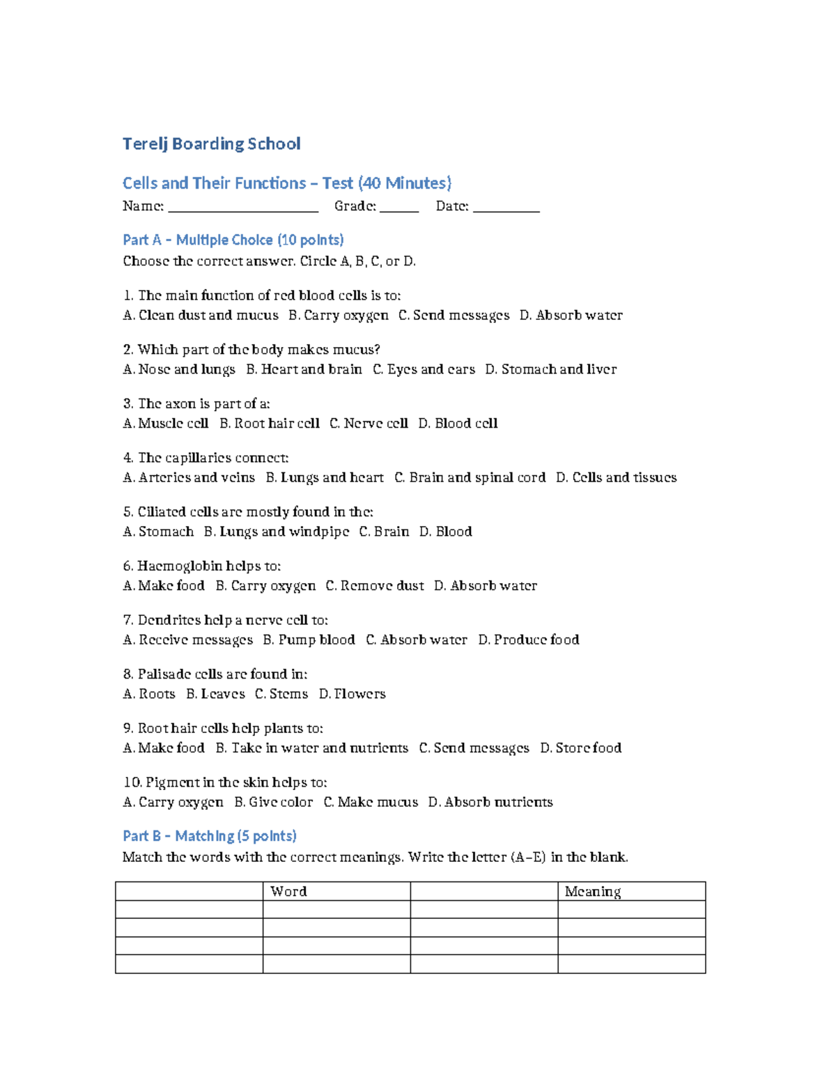 Terelj Boarding School Cells and Their Functions Test (40 Min) - Studocu