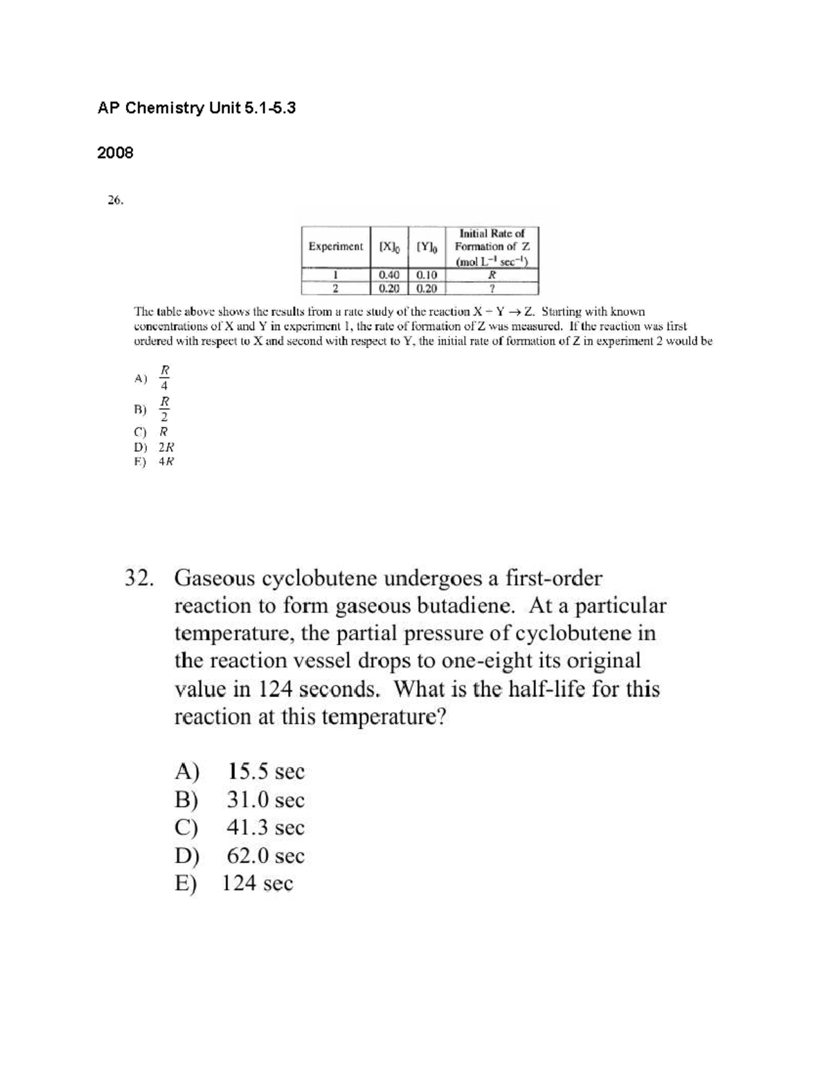 AP Chemistry Unit 5 - MCQ on Reaction Rates and Kinetics - Studocu