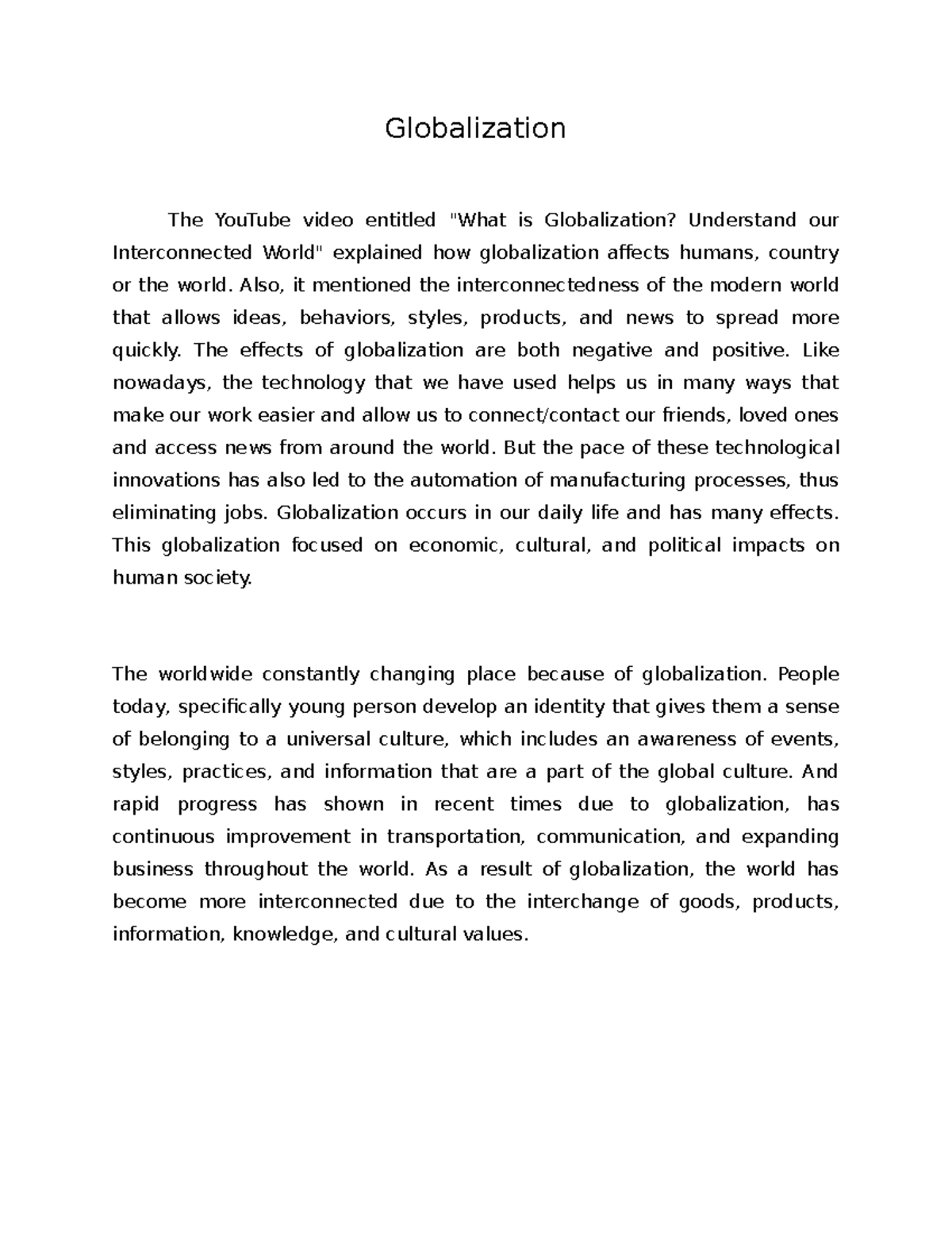 Globalization Essay: Understanding Its Global Impact and Changes - Studocu