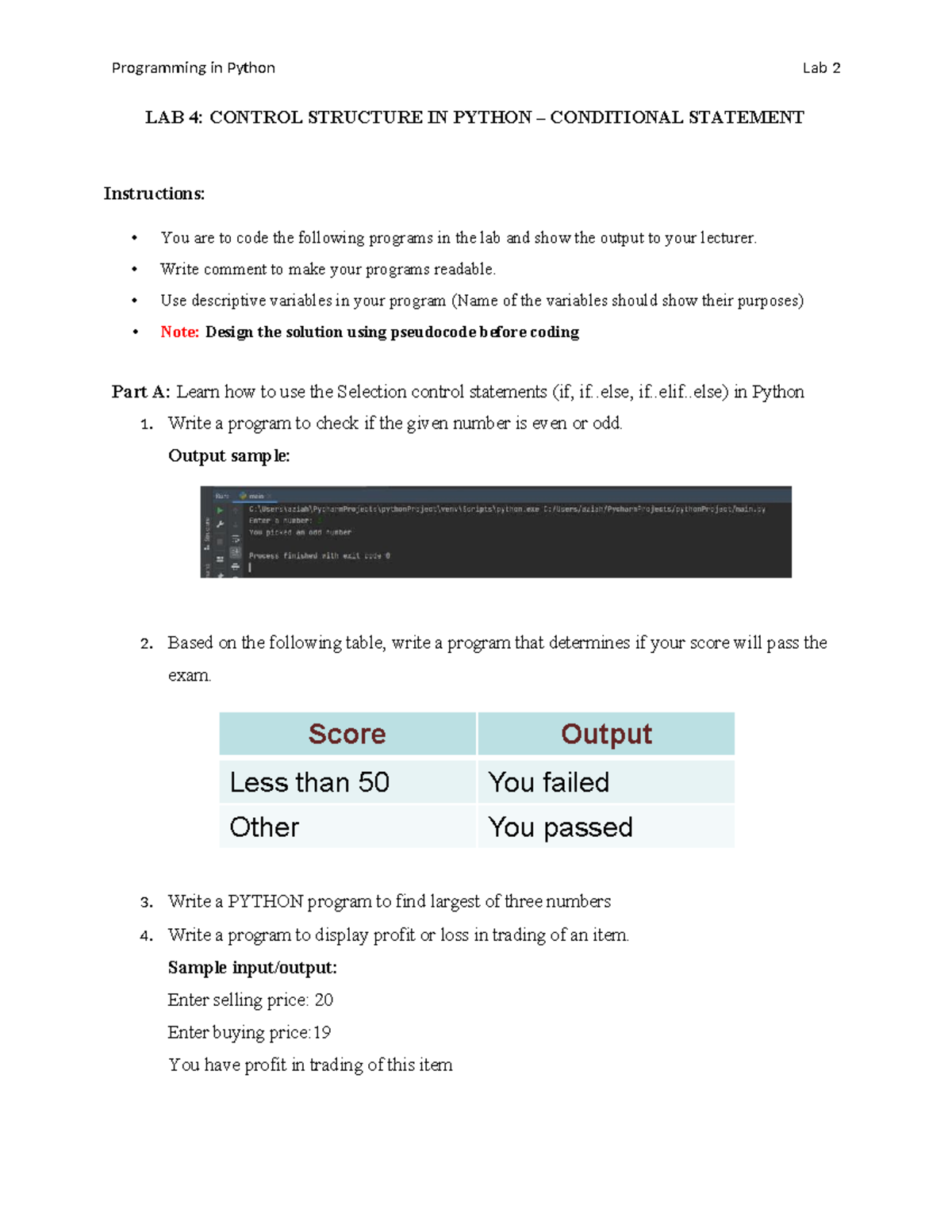 LAB 4: Control Structures & Conditional Statements in Python - Studocu