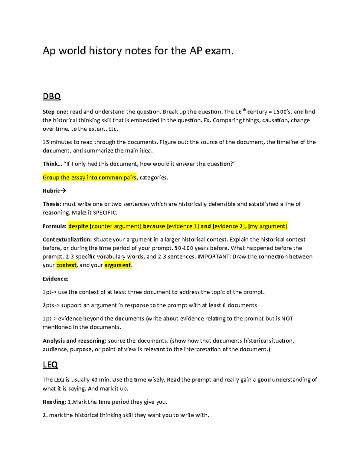 AP World History Exam: Comprehensive Notes for DBQ, LEQ & SAQ - Studocu