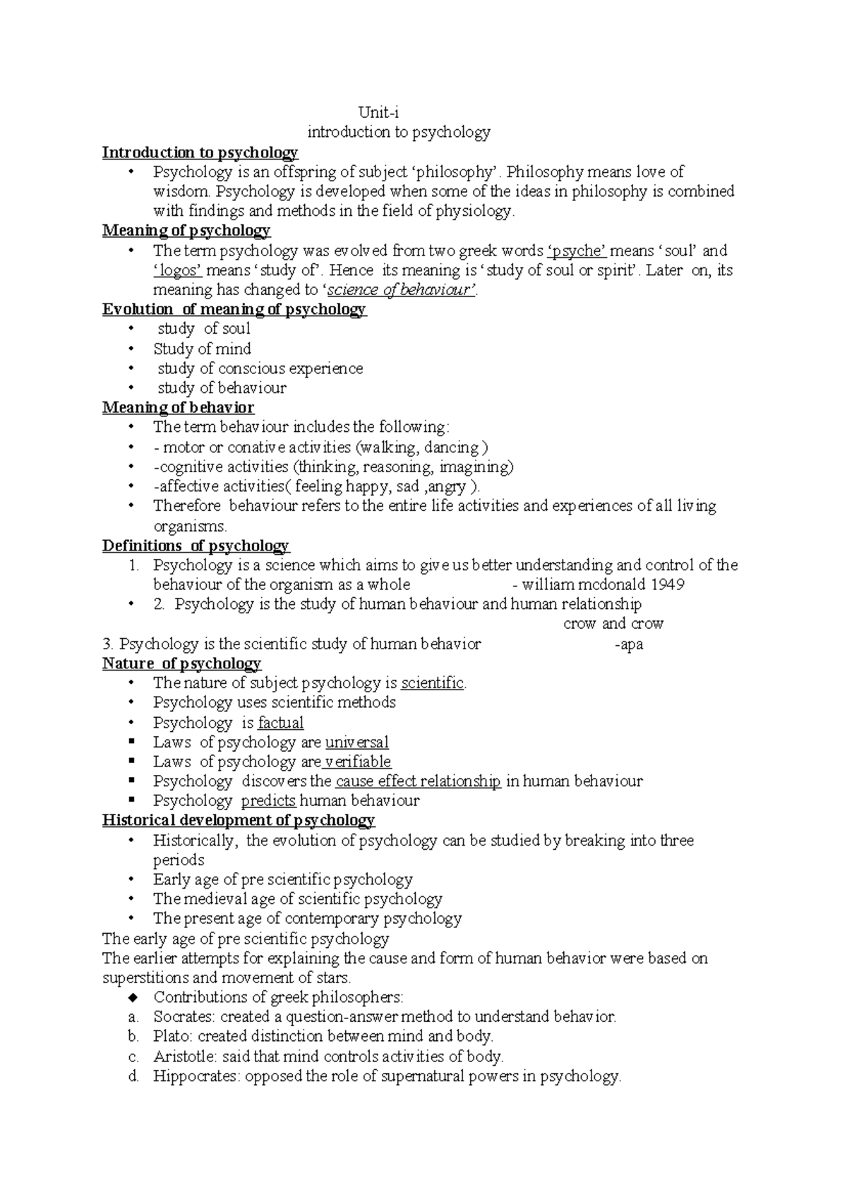 Introduction to psychology - Unit-i introduction to psychology ...