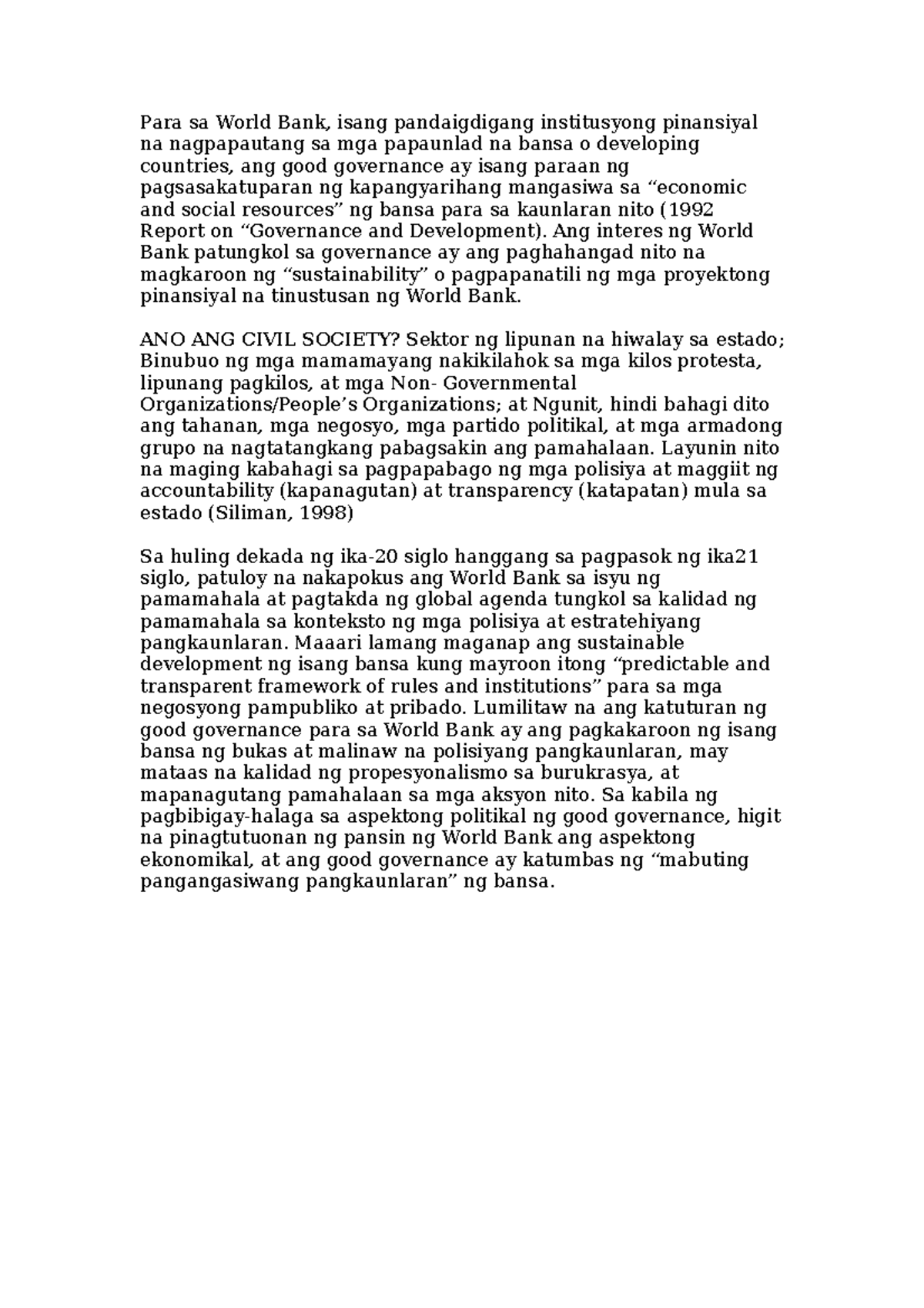 World Bank - Good Governance at Sustainable Development Essay - Studocu