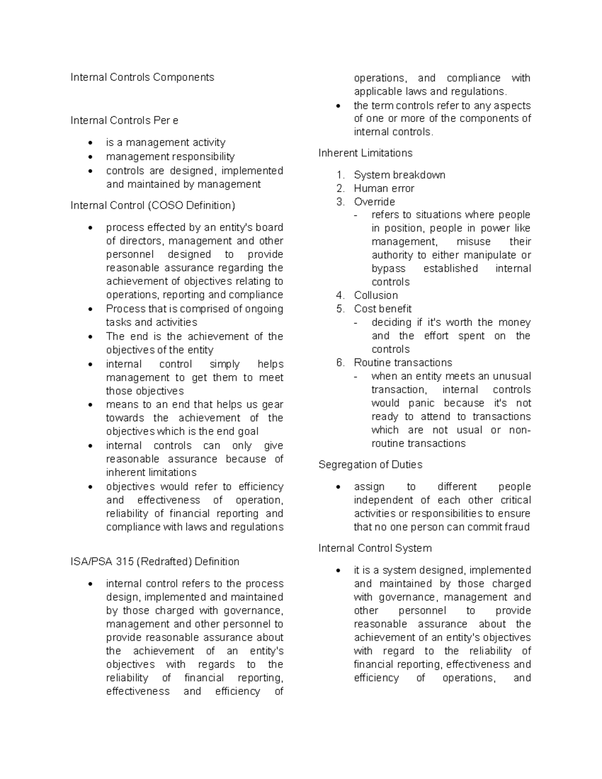 Internal Controls Components: Understanding COSO Framework and Limitations - Studocu