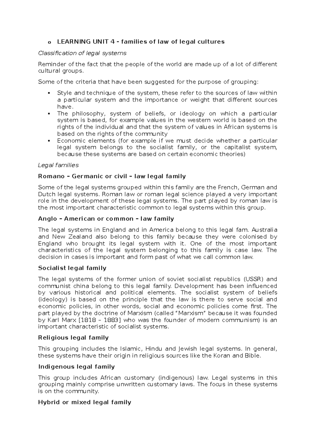 Legal Cultures & Families of Law - Learning Unit 4 Overview - Studocu