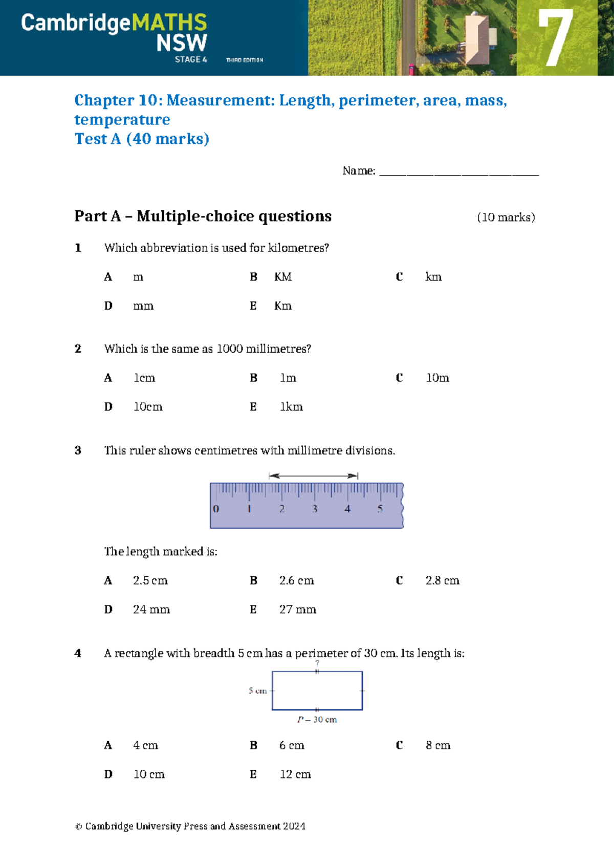 Chapter 10: Measurement Test A (40 Marks) - Length, Area, and Volume ...
