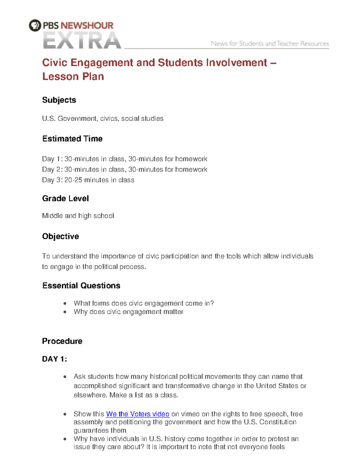 Civics (LM) - Lesson Plan on Civic Engagement & Student Involvement ...