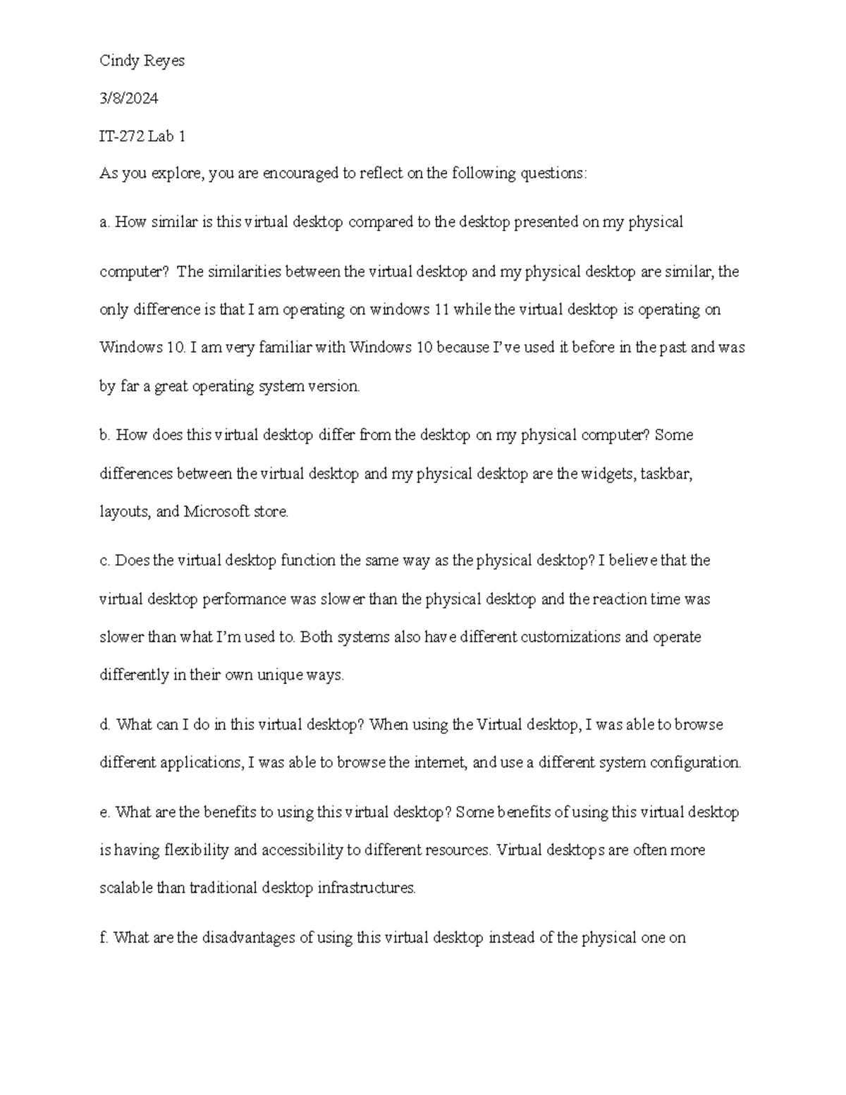 IT-272 Lab 1: Exploring Virtual vs Physical Desktop Environments - Studocu