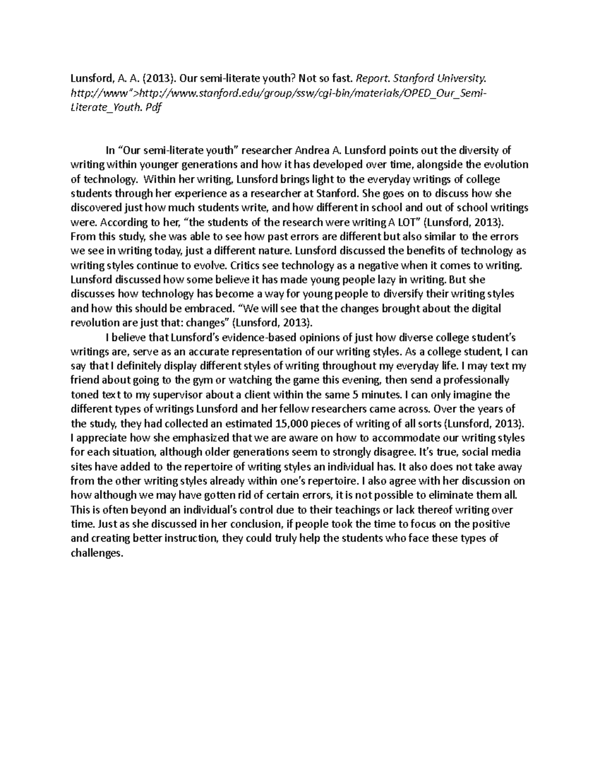 Journal Entry 1: Reflection on Lunsford's Writing Research - Studocu