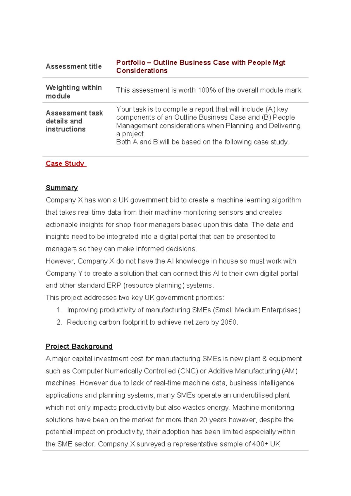 Portfolio Assessment: Outline Business Case & People Mgt (100%) - Studocu