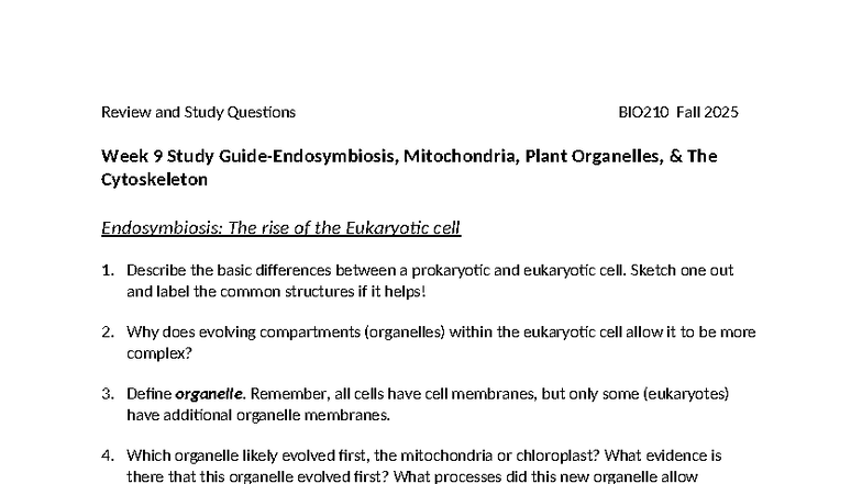 Week 9 Study Guide: Endosymbiosis & Organelles - BIO210 Fall 2025 - Studocu