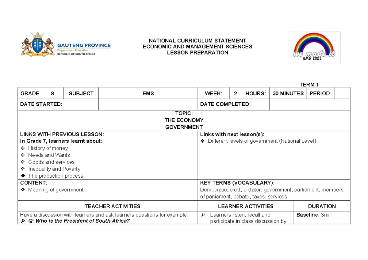 Understanding Government's Role in the Economy - EMS Lesson Plan - Studocu