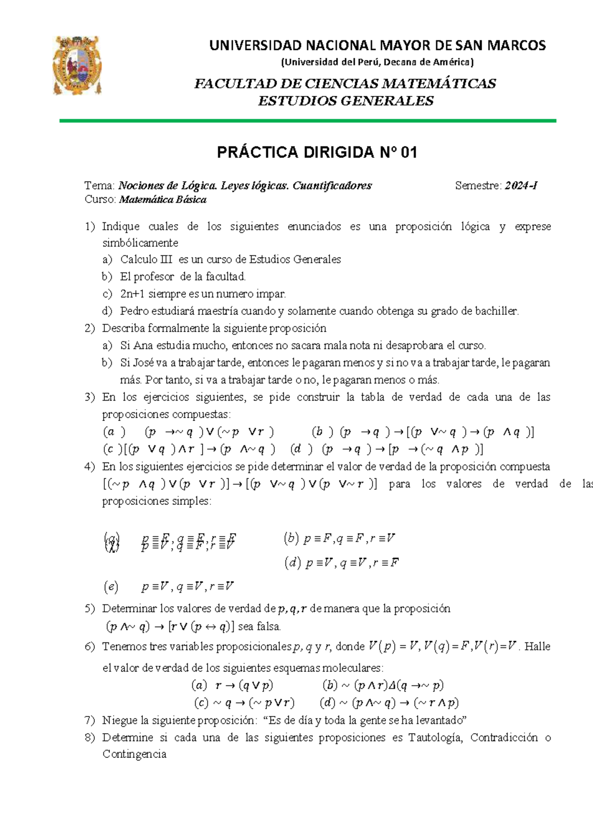 Práctica Dirigida Nº 01: Nociones de Lógica - Matemática Básica (MB ...