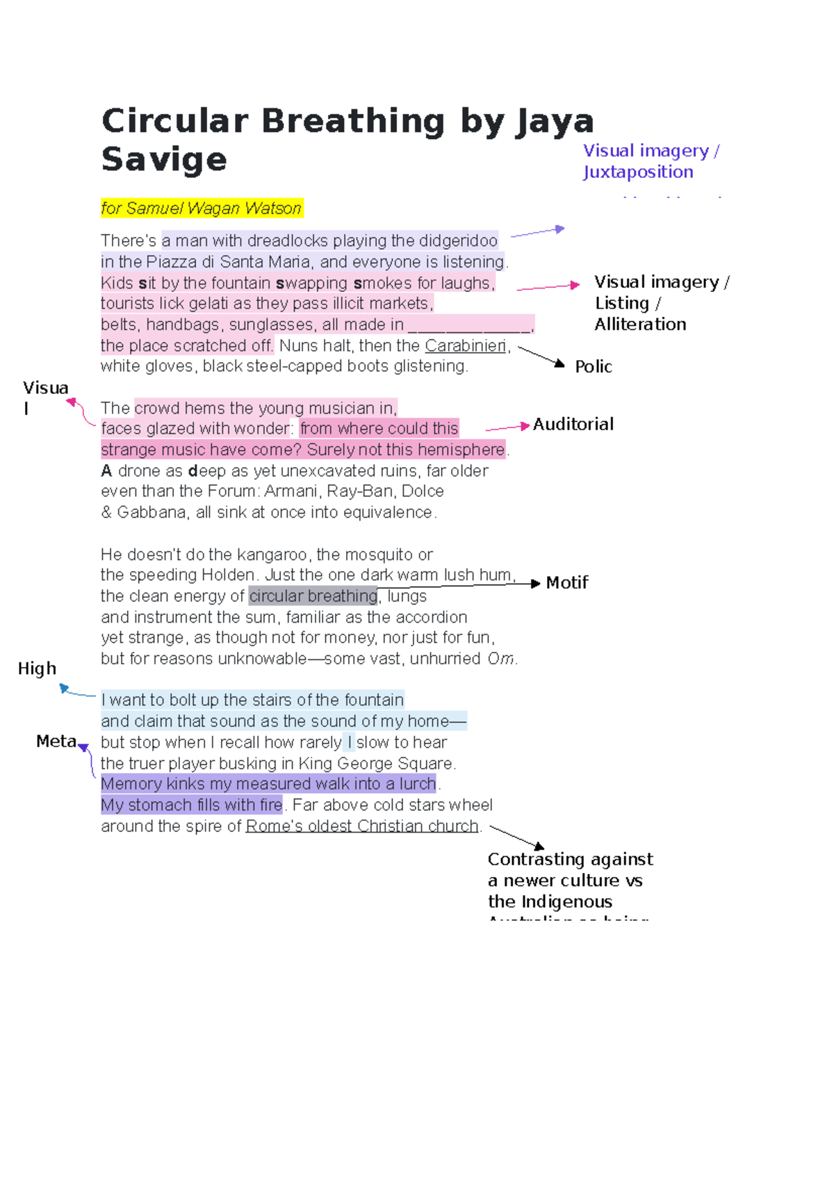 Last 2 poems for HSC - annotated - Circular Breathing by Jaya Savige ...